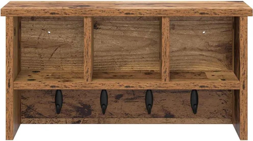 věšák, nástěnný, 3 poličky, háčky, kompozitní dřevo, 26x50x16 cm, staré dřevo, Dekorino TK20260020