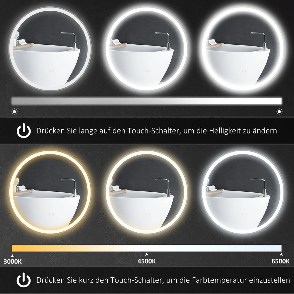 kleankin koupelnové zrcadlo s LED osvětlením, Ø 60 cm osvětlené zrcadlo s dotykovou funkcí, paměťová funkce bez mlhy s hliníkovým rámem | Aosom