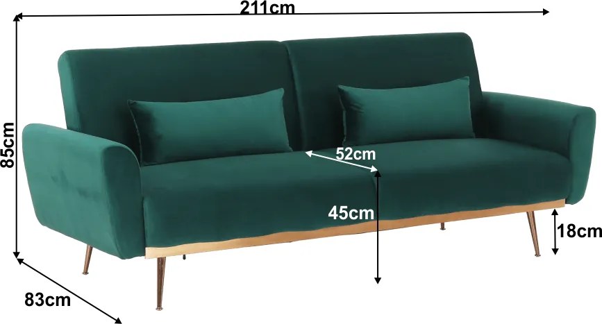 Rozkládací pohovka, smaragdová Velvet látka, FASTA