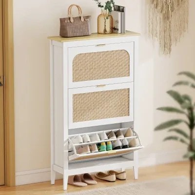 HOMCOM Botní skříňka pro 21 párů ve stylu Bohéme s 3 sklápěcími zásuvkami, ratanové dveře, 80 x 24 x 131 cm, Bílá