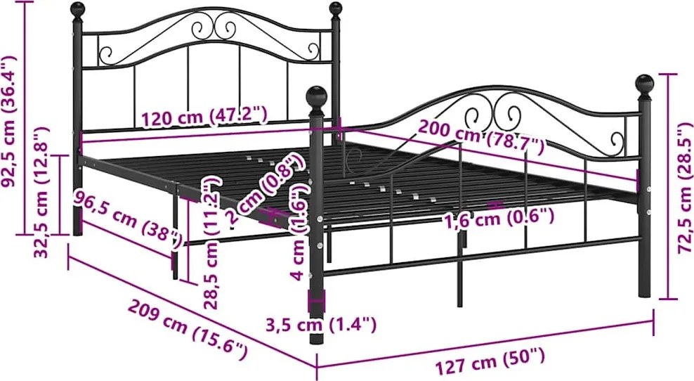 vidaXL Rám postele kov 120 x 200 cm [324994] Barva: Černá
