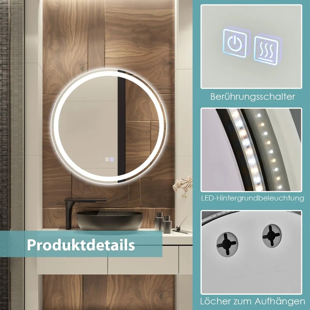 Costway Koupelnové zrcadlo Round LED zrcadlo pro montáž na stěnu 3000 K-6000 K Ø