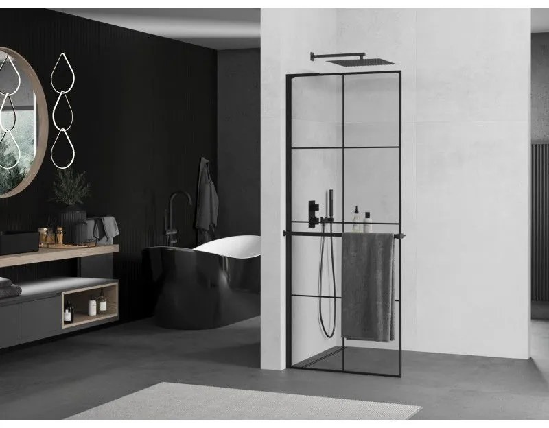 Mexen Kioto+ L, sprchová zástěna Walk-In s poličkou a věšákem 90 x 200 cm, 8mm čiré sklo černý vzor, černý profil, 800-090-123-70-77
