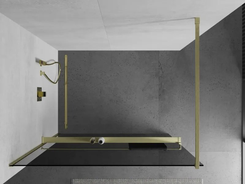 Mexen Kioto+, sprchová zástěna Walk-In s poličkou a věšákem 140 x 200 cm, 8mm šedé sklo, zlatý matný profil, 800-140-121-55-40