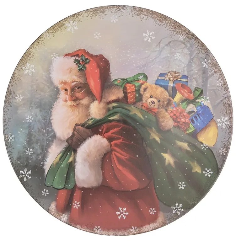 Vánoční plastový kulatý servírovací podnos/talíř Santa s dárky - Ø 40*1 cm