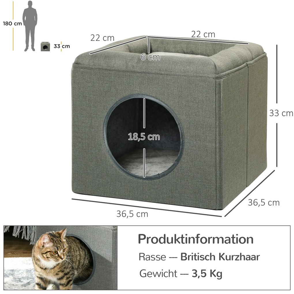 PawHut kočičí jeskyně dvoupatrový domeček pro kočky 36,5x36,5x33cm s polštářem pro kočky do 5kg v zelené barvě, domeček pro malá zvířata
