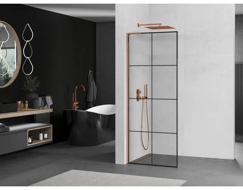 Mexen Kioto L, sprchová zástěna Walk-In 80 x 200 cm, 8mm čiré sklo černý vzor, ​​růžové zlato profil, 800-080-103-60-77