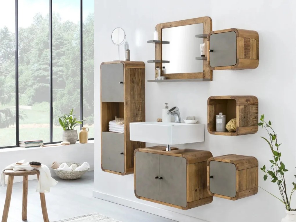 furniture-nabytek.cz - Masivní koupelnová skříňka Dingora z recyklované borovice a MDF, lakovaná, přírodní / šedá – 40×25×110 cm