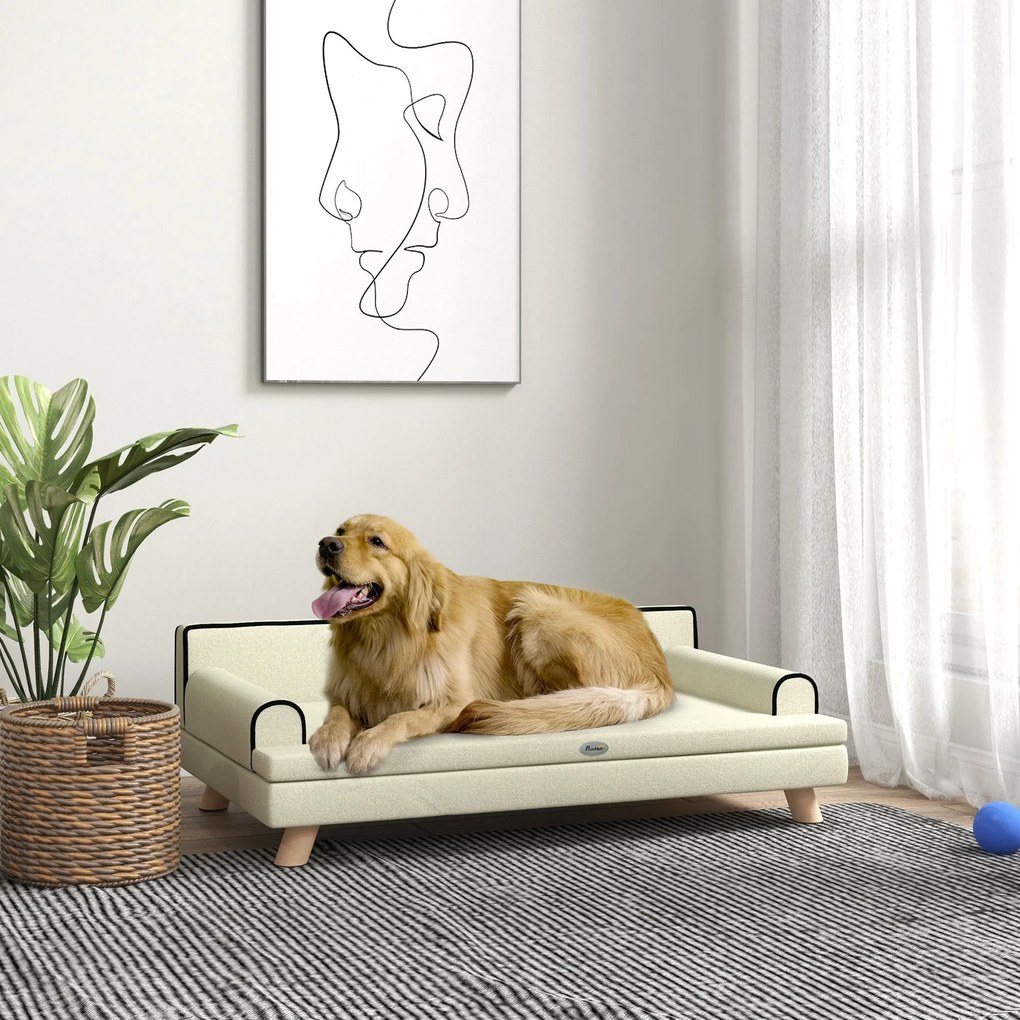 Pohovka pro psy a kočky PawHut ve skandinávském designu s huňatým snímatelným polštářem a masivními dřevěnými nohami 100 x 62 x 32 cm Béžová | Aosom