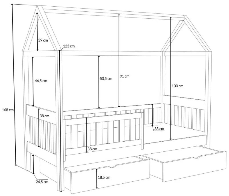 Dětská domečková postel z masivu borovice MAGDA se šuplíky - 200x90 cm - BÍLÁ