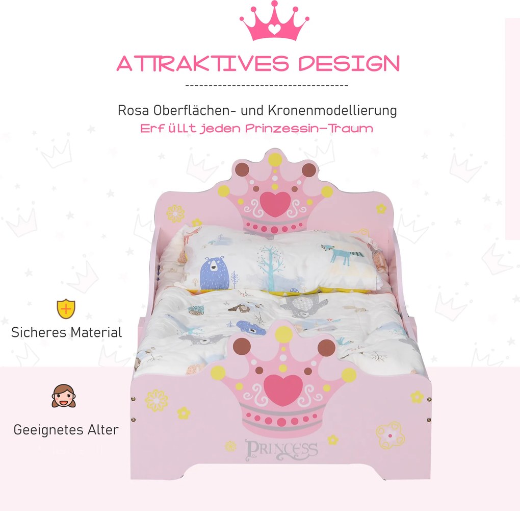 Dětská postel HOMCOM pro děti od 3 let, 143x73x60 cm, dřevěná postel s potiskem korunky, nosnost 50 kg, růžová