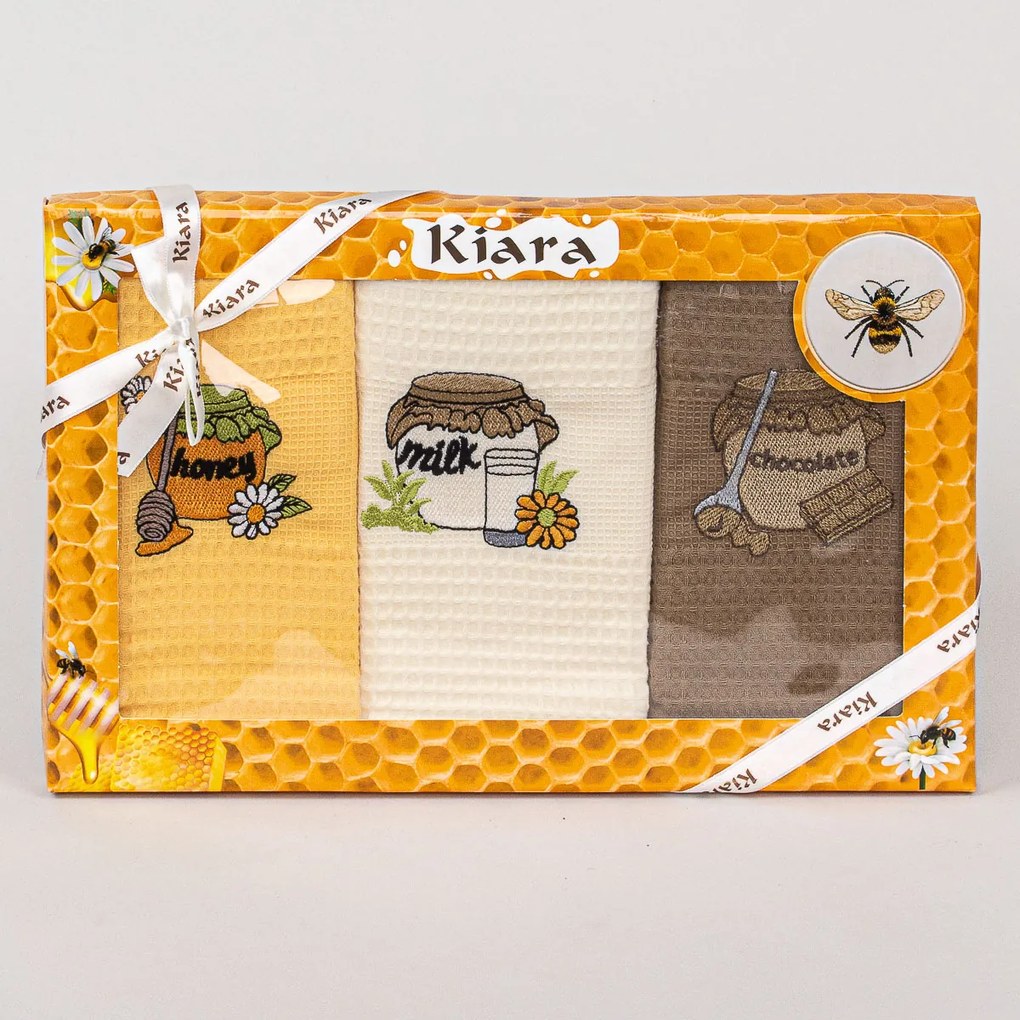 Utěrky KIARA 82 vaflové vyšívané, dárkové balení, med, oranžová, 3 kusy 50x70cm