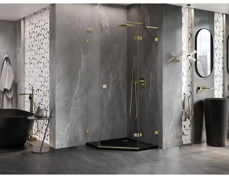 Mexen Lunar, L pravý výklopný pětiúhelníkový sprchový kout 100 x 100 cm, 8mm čiré sklo, zlatý profil, 831L-100P-100L-50-00-P