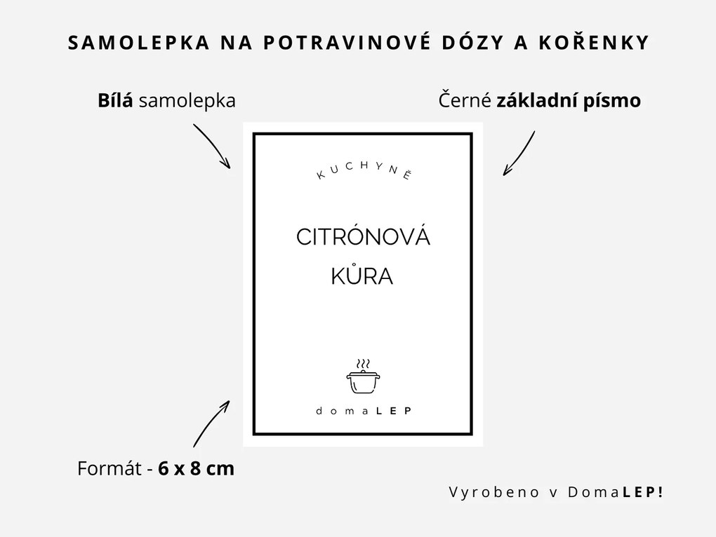 CITRÓNOVÁ KŮRA - omyvatelná samolepka na kořenky, výběr rozměrů Ø 5 cm / 5 x 5 cm / 6 x 8 cm | DomaLEP tvar: KOLEČKO, barva: BÍLÁ - ČERNÉ písmo, velikost: Ø 5 cm - tučné písmo