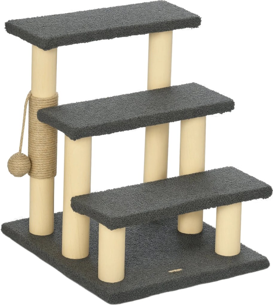 PawHut Kočičí Schody 3-Stupňové, 48 cm Pet Schody s Sisalovým Sloupem, Psí Schody s Hračkou, Pomůcka pro Vstup na Vyšší Postele, Borovicové Dřevo, Šed