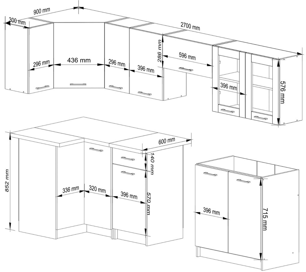 Kuchyňská rohová linka Olivie 3 m prosklená bílá/dub sonoma