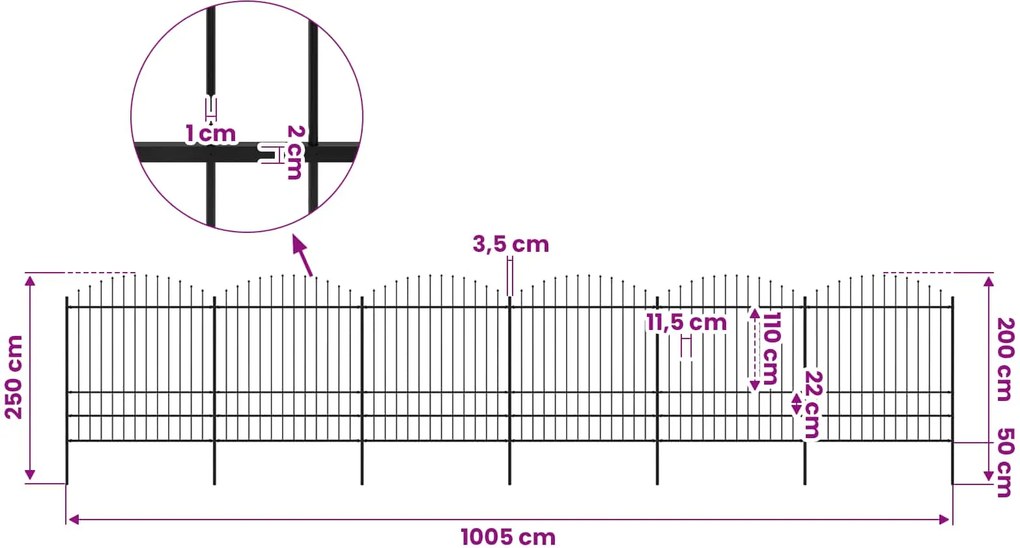 Zahradní plot s kopím nahoře ocelový 1005 x 200 cm černý 277753