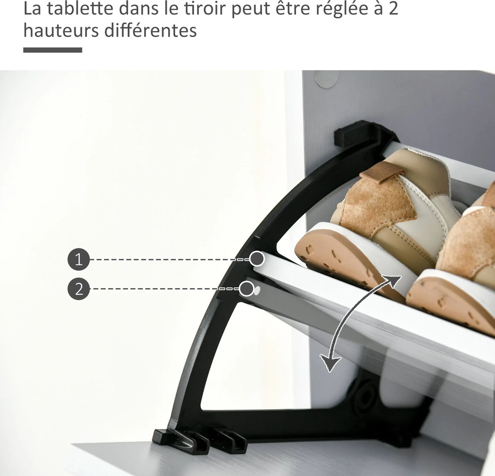 HOMCOM Skříň na boty - 3 skládací dveře a posuvná zásuvka - rozměry 62Š x 24H x 135V cm - hliníkové úchyty. Dřevotříska Bílá | Aosom