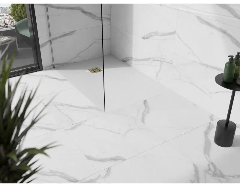 Mexen Stone+, obdélníková vanička z minerálního kompozitu 100 x 70 cm, bílá, zlatá lesklá krytka, 44107010-G