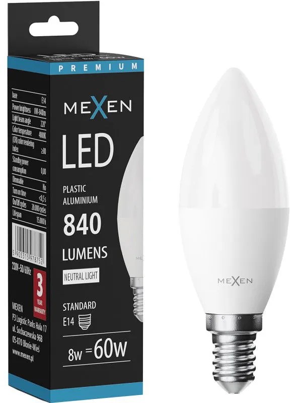 Mexen Nova LED žárovka E14, C37, 8W, Neutrální - 4000K, 840 lm - L102-E14-0840-01