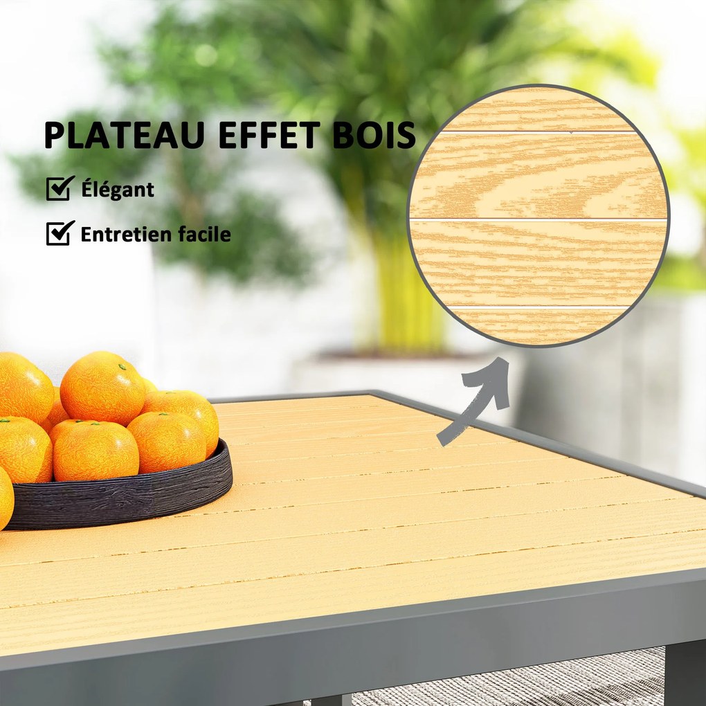 Jídelní stůl Outsunny pro 6 osob, zahradní stůl s obdélníkovým vrchem z oceli s dřevěným efektem, proti rezivění, pro terasu, 150 x 90 x 72 cm, příro…