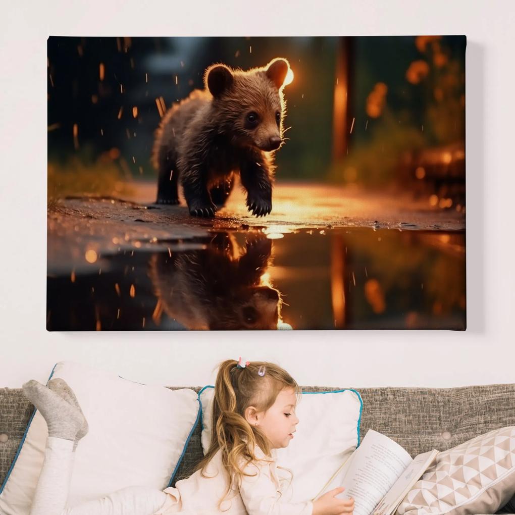 Obraz na plátně - Mládě medvěda v louži FeelHappy.cz Velikost obrazu: 60 x 40 cm