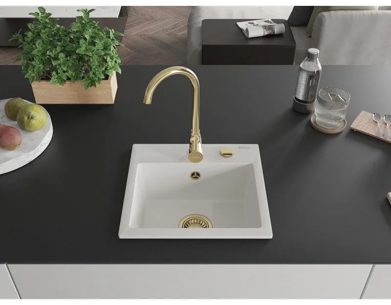 Mexen Milo, granitový dřez 435x410x171 mm, 1-komorový, bílá se zlatým sifonem, 6505441000-20-G