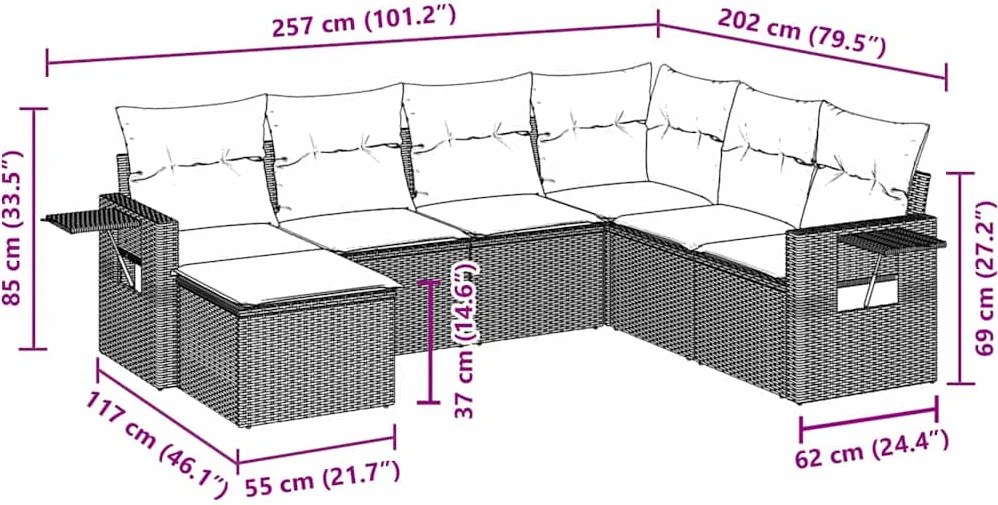 7dílná zahradní sedací souprava s poduškami černá polyratan 3252833