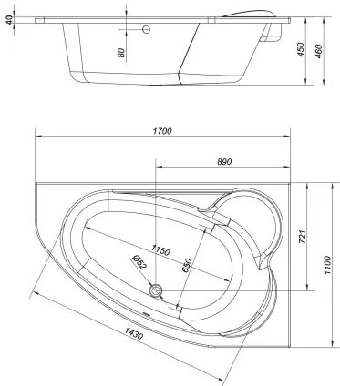 Cersanit Kaliope, asymetrická rohová vana pravá 170x110cm, bílá, S301-115