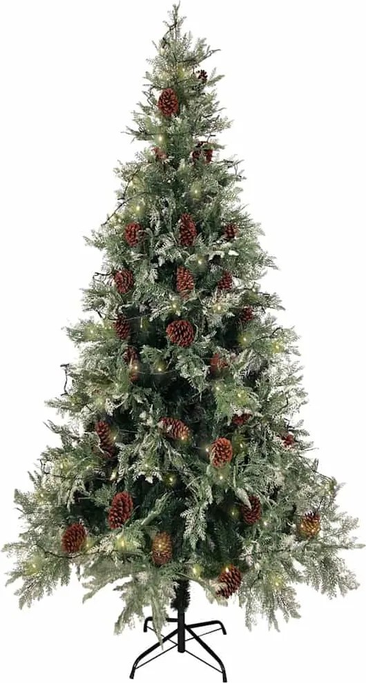 Vánoční stromek s LED a šiškami zelený a bílý 225 cm PVC a PE 3094566