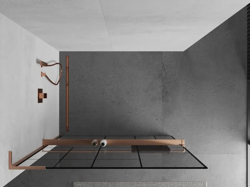 Mexen Kioto+ L, sprchová zástěna Walk-In s poličkou a věšákem 110 x 200 cm, 8mm čiré sklo černý vzor, ​​měděný matný profil, 800-110-123-65-78