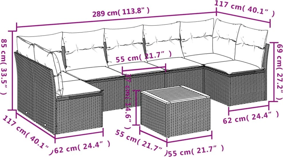 8dílná zahradní sedací souprava s poduškami černá polyratan 3223570
