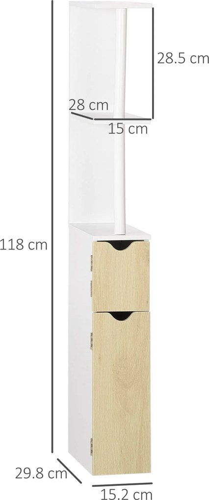 Kleankin koupelnový sloupek se 2 policemi a 2 skříňkami, vysoký úložný kabinet do koupelny v MDF, 15,2x29,8x118 cm, přírodní dřevo