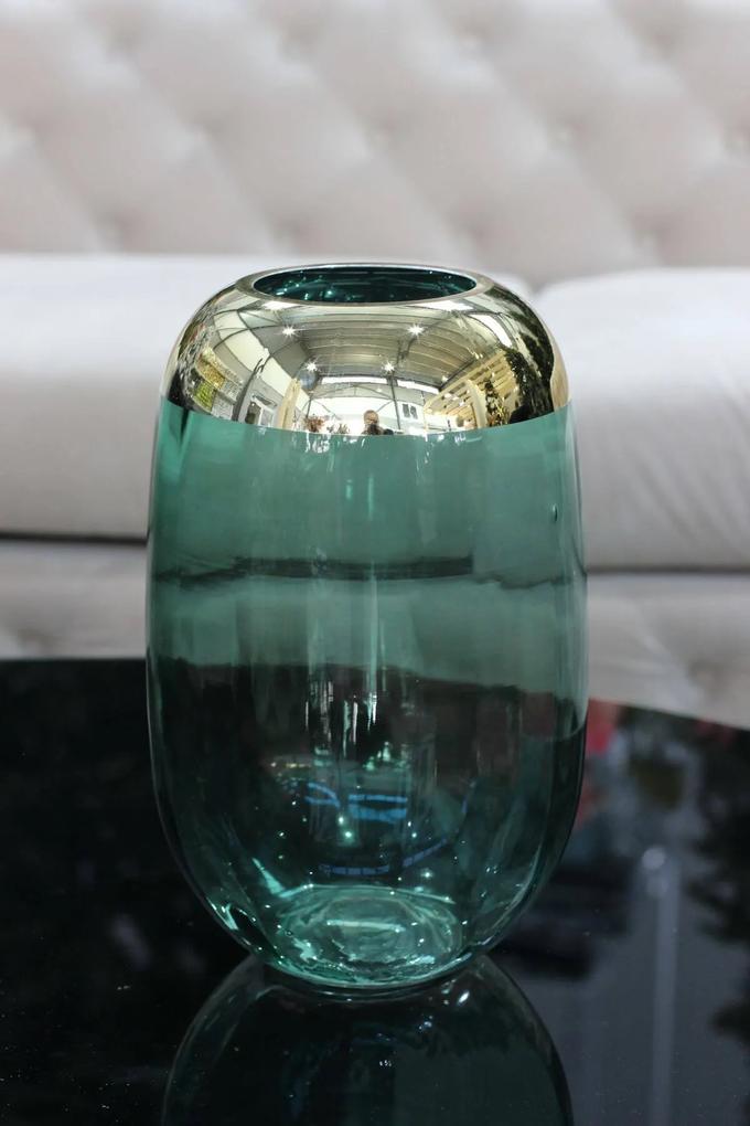 Zelená skleněná váza se zlatým okrajem 25cm