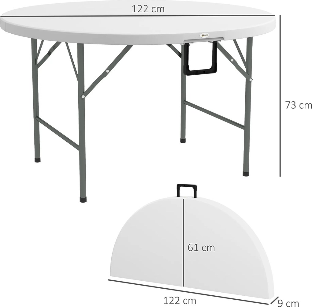 Skládací kulatý boční stůl Outsunny s ocelovou konstrukcí a HDPE deskou, nosnost 80 kg, pro vnitřní i venkovní použití Ø122x73 cm Bílá