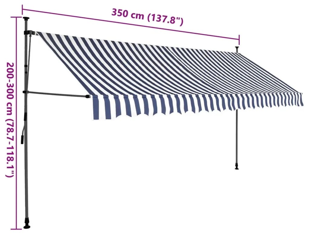 vidaXL Marketos Ručně zatahovací markýza s LED světlem 350 cm modrobílá