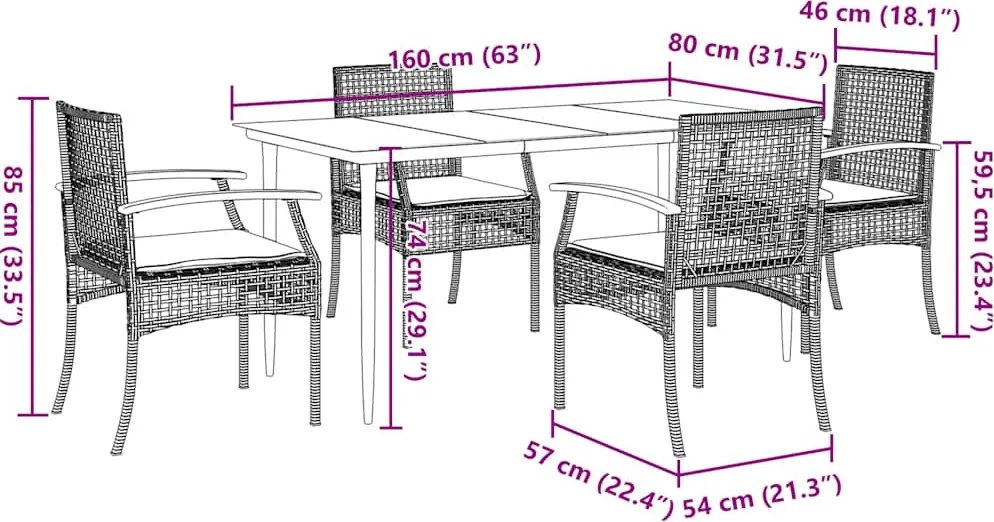 5dílný zahradní jídelní set s poduškami černý polyratan 3213599