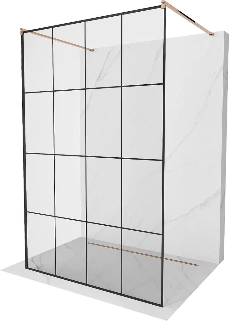 Mexen Kioto, průchozí sprchová zástěna 130 x 200 cm, 8mm sklo čiré/černý vzor, 2x růžové zlato stabilizační rozpěra, 800-130-002-60-77