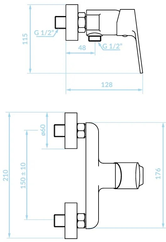 Kuchinox Borgo, nástěnná sprchová baterie 150mm, chromová, LAV-BKB_040D