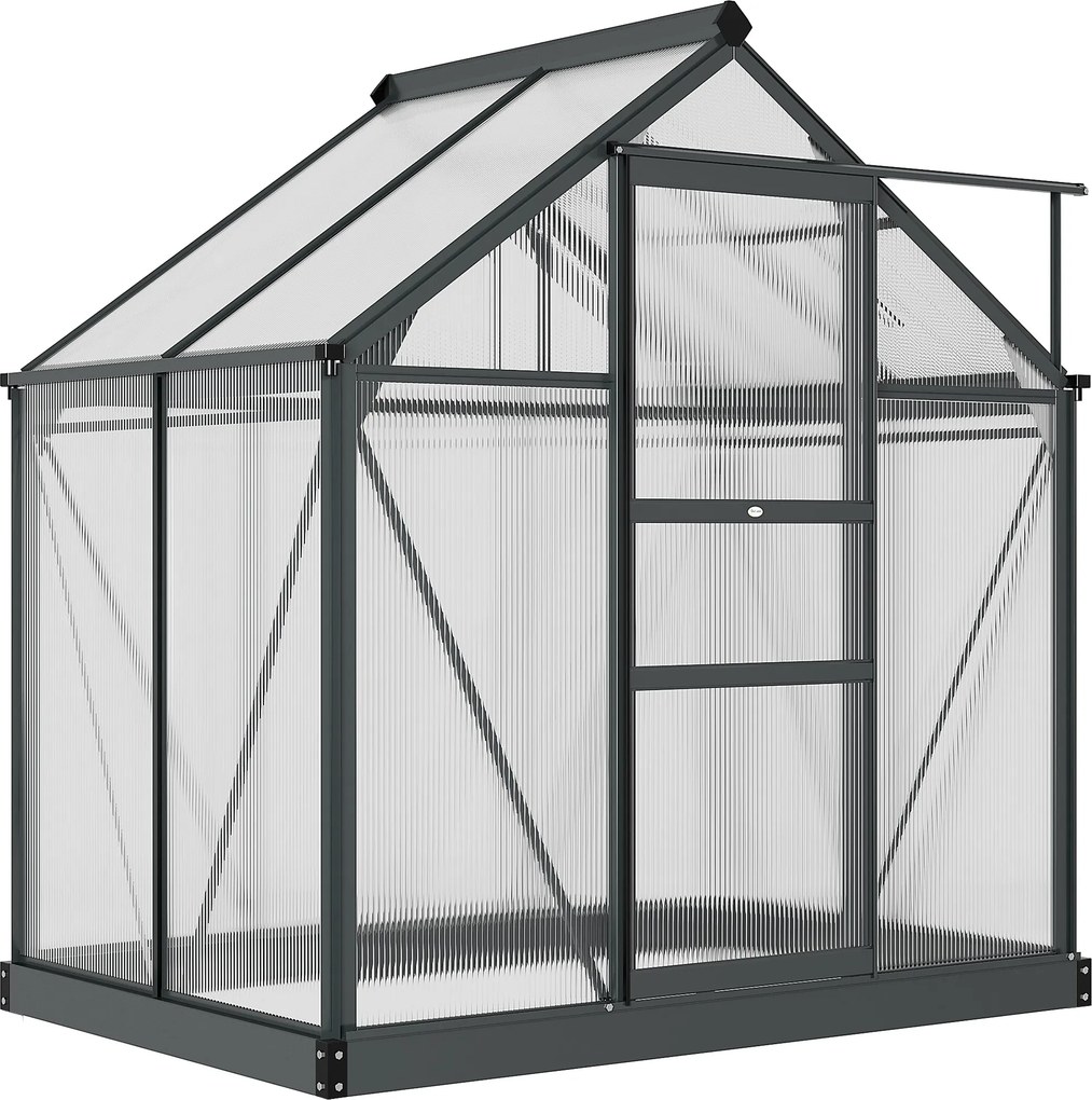 Outsunny Polykarbonátový Zahradní Skleník 2,51 m² Hliníkový Skleník pro Zahradu 190 x 132 x 201 cm UV-Odolný, se Zpevněným základem, Okapem, Lukem a P