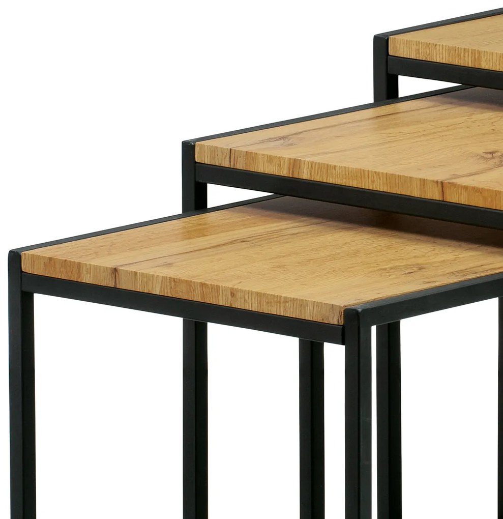 Set 3 ks odkládacích stolků AF-3003 OAK MDF dekor divoký dub, kov černý lak mat