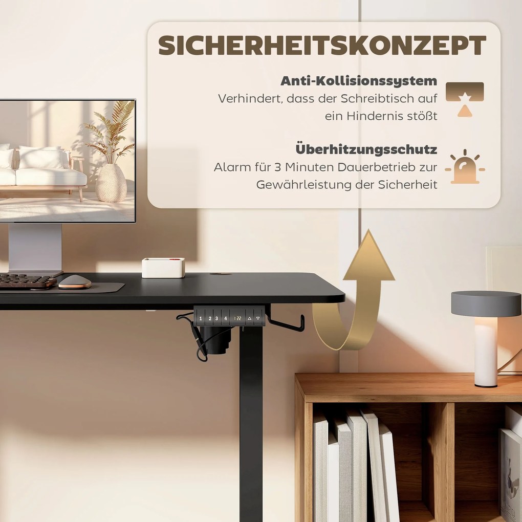 Stůl Vinsetto se stojanem na sezení, elektrický, s ochranou proti nárazu, ochranou proti přehřátí, možnost ukládání, 140x70x72-116cm, dřevotříska, če…