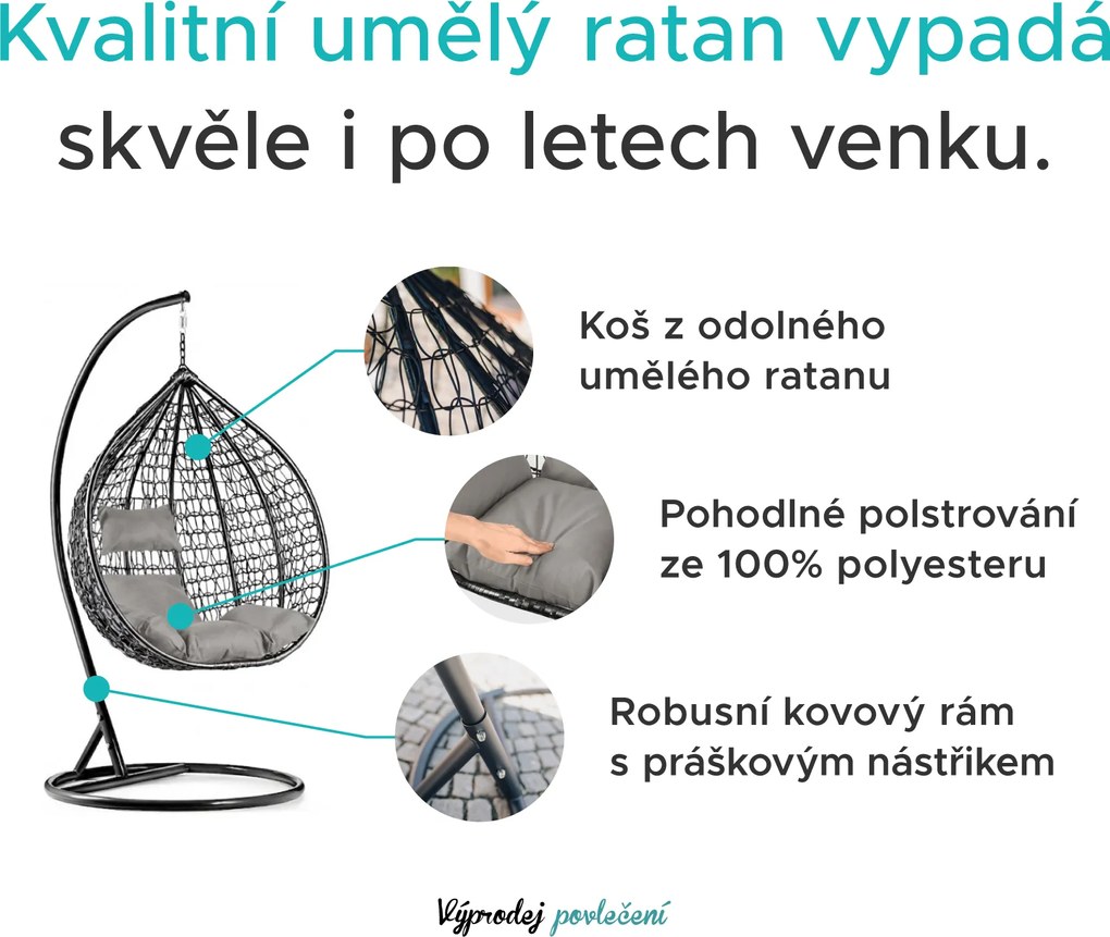 Černé závěsné křeslo KOKON bez stojanu, bílo-šedý polštář