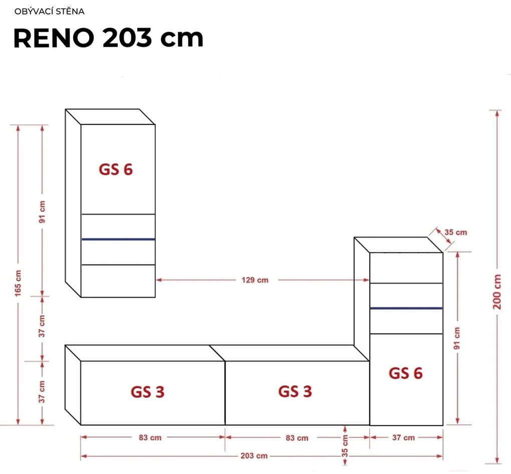 Ral Obývací stěna RENO 1, 203 cm - Bílý lesk