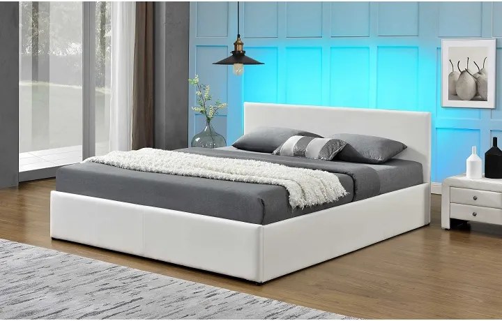 Manželská postel 183x200 cm s výklopným roštem a LED osvětlením bílá ekokůže TK3014 ATYP