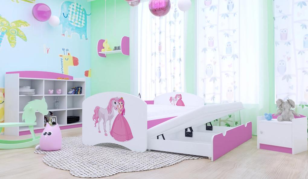 Svět pokojů Dětská postel Kevin pro dvě děti - princezna s koníkem + matrace zdarma Barva: Oranžová, Rozměr: 160x80 cm, Zábrana: ANO (+450 Kč)