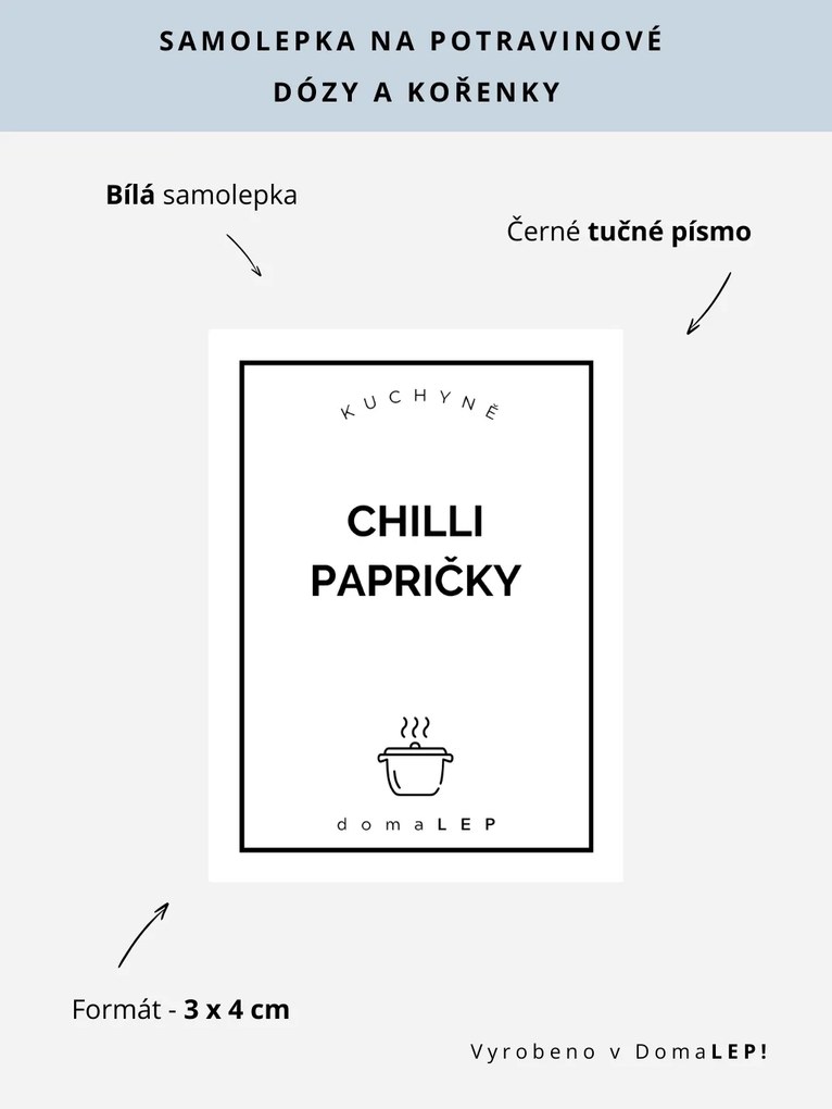 Samolepka na kořenky CHILLI PAPRIČKY bílá 3 × 4 cm tučné písmo