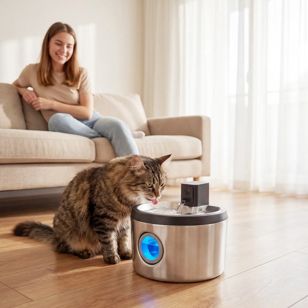 Fontána pro kočky 4 l bezdrátová fontána z nerezové oceli s detektorem pohybu 6 filtrů dvojitý filtrační systém LED stříbrná
