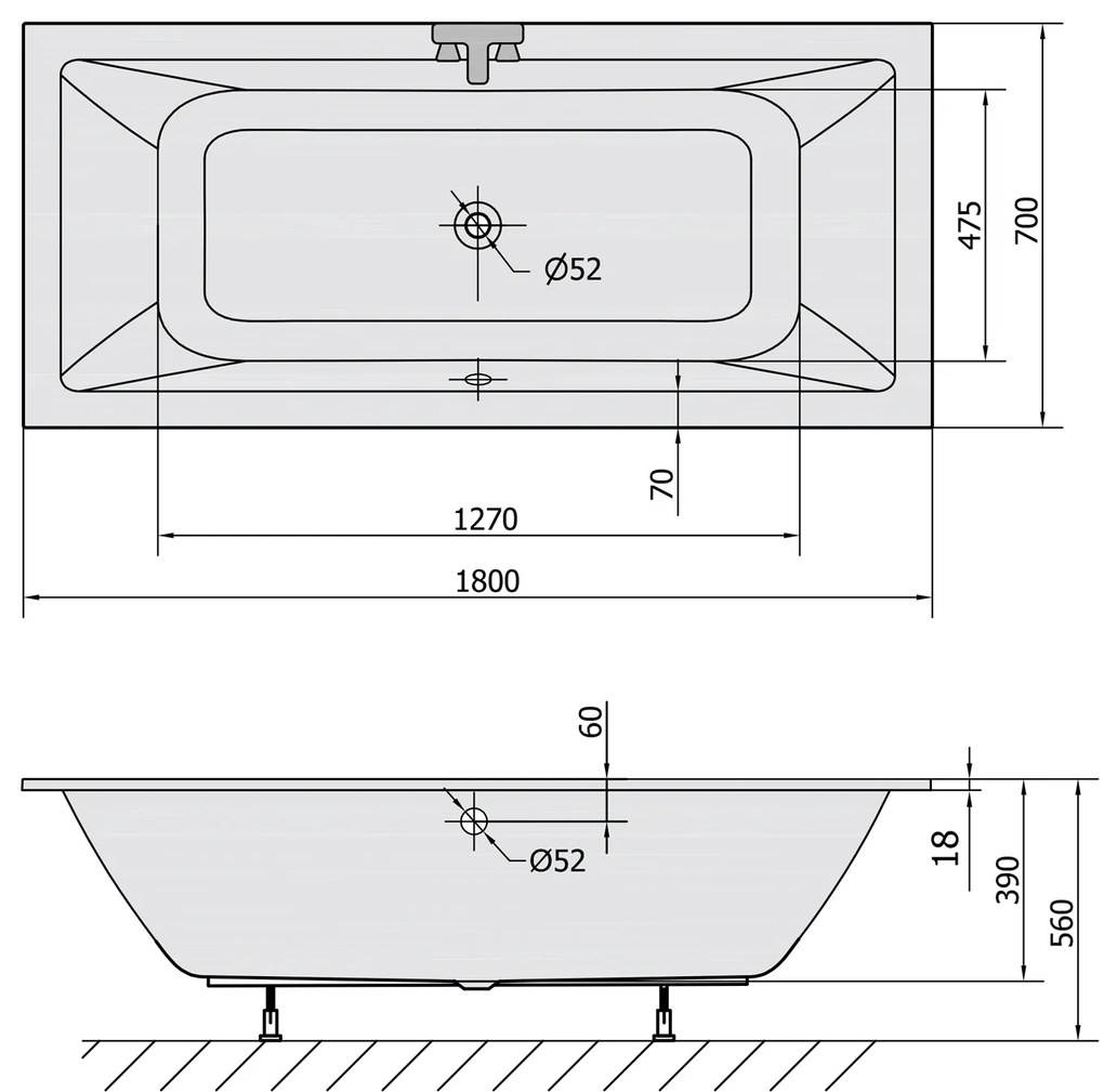 Polysan KRYSTA SLIM obdélníková vana 180x70x39cm, bílá, 72906S