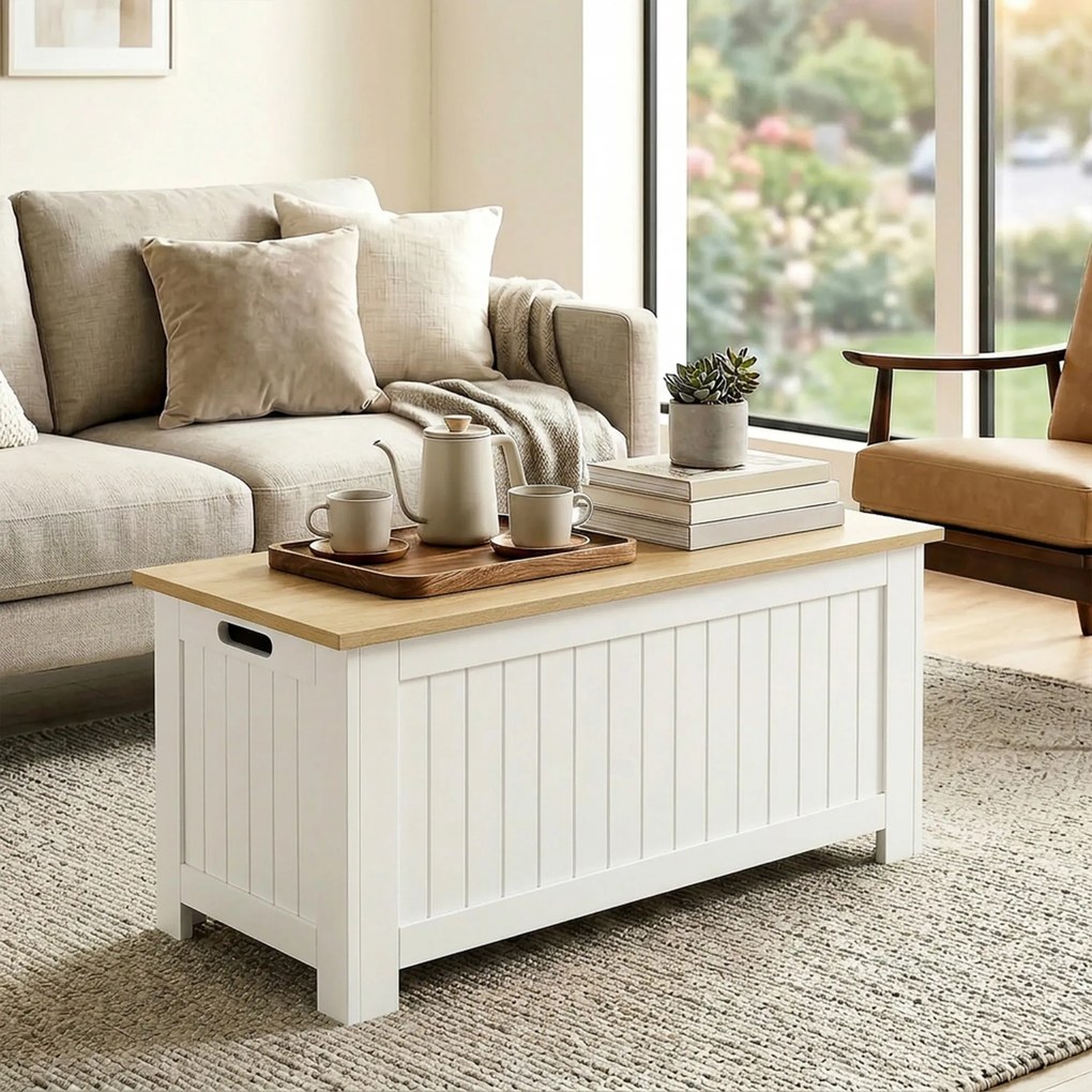HOMCOM úložný box 90 l s víkem Všestranný box s bezpečnostními panty 80,5x40x46,4 cm Přírodní a bílá